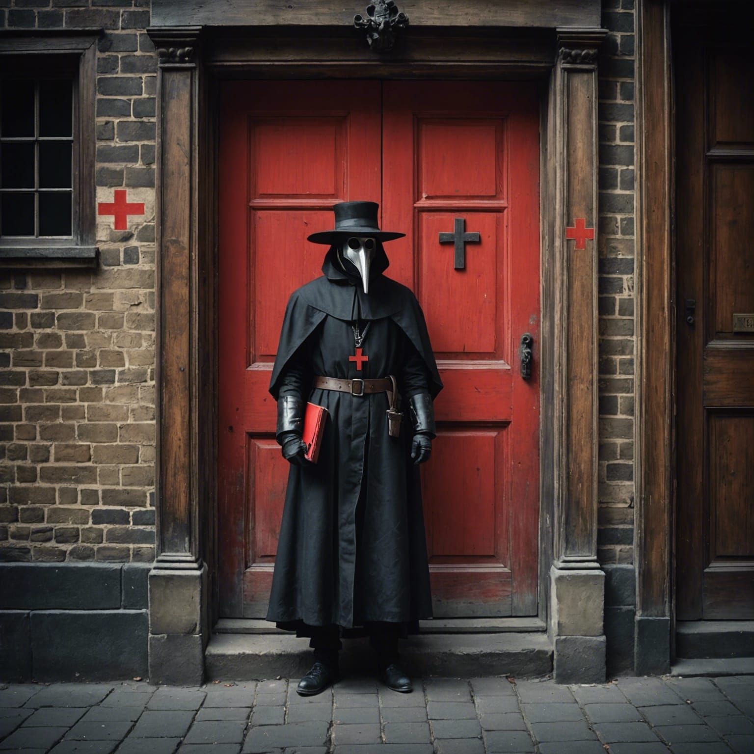 The Plague Doctor next to a door marked with a red cross - AI Generated ...