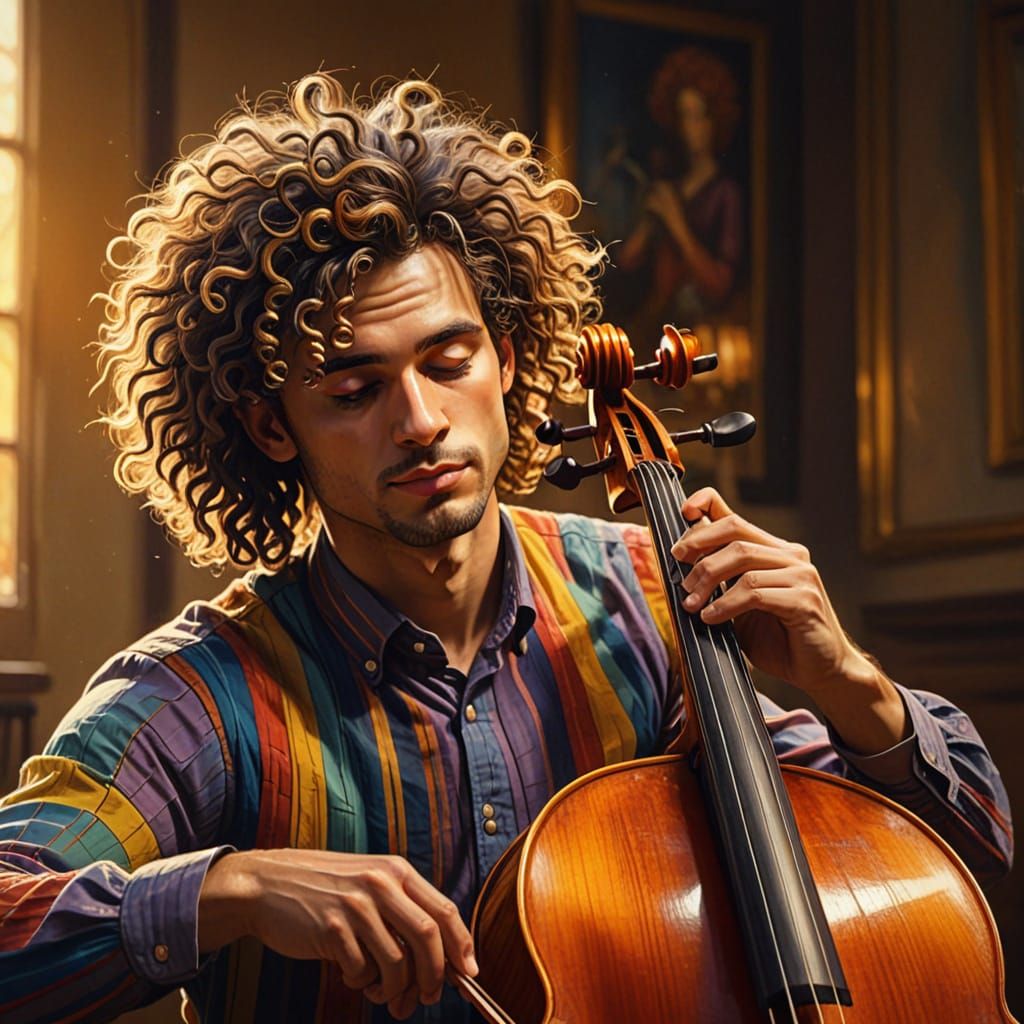 Whimsical Cello Maestro in Vibrant Oil Painting - AI Art