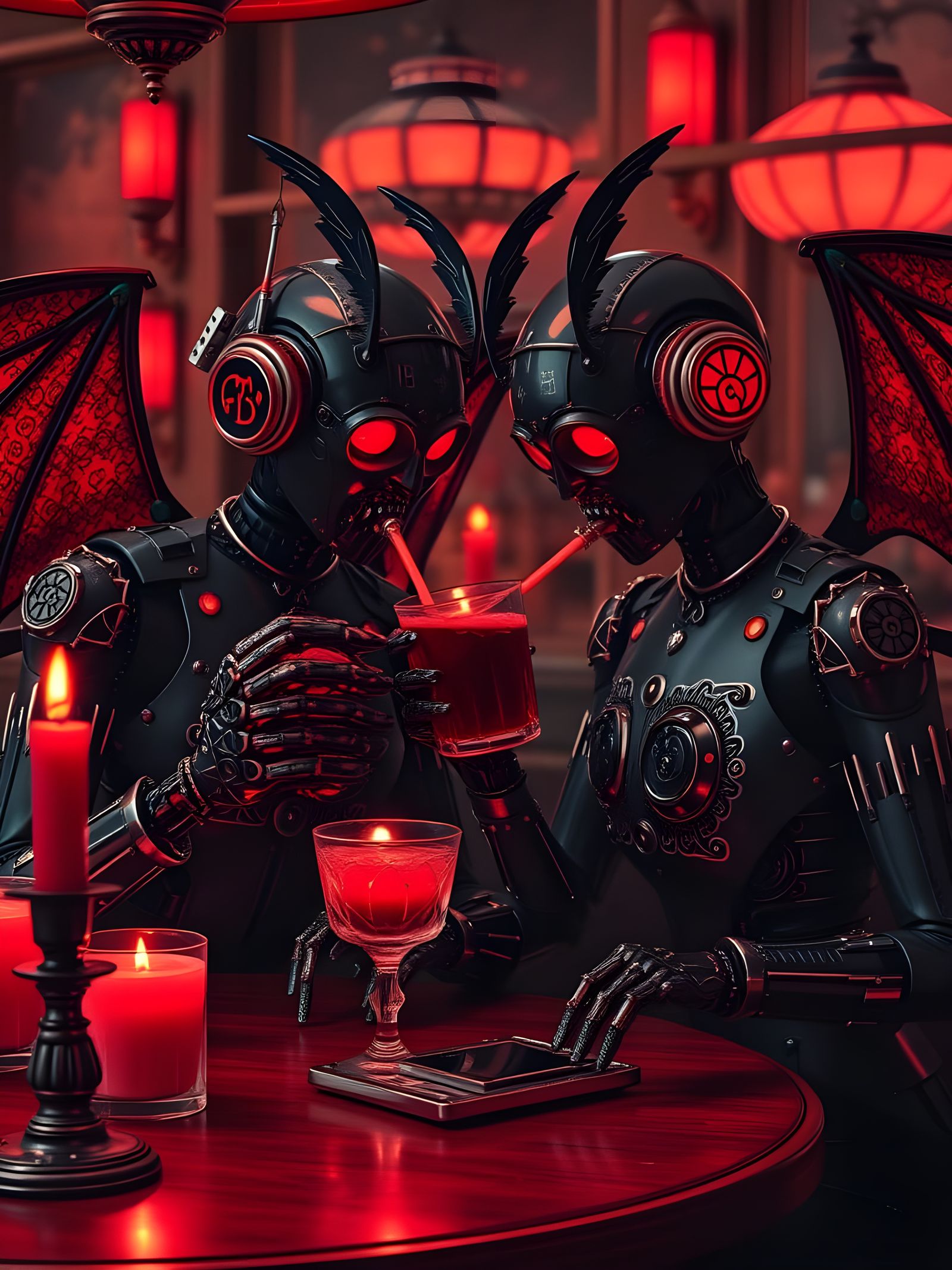 Steampunk Vampire Robots in a Dark Gothic Café - AI Art