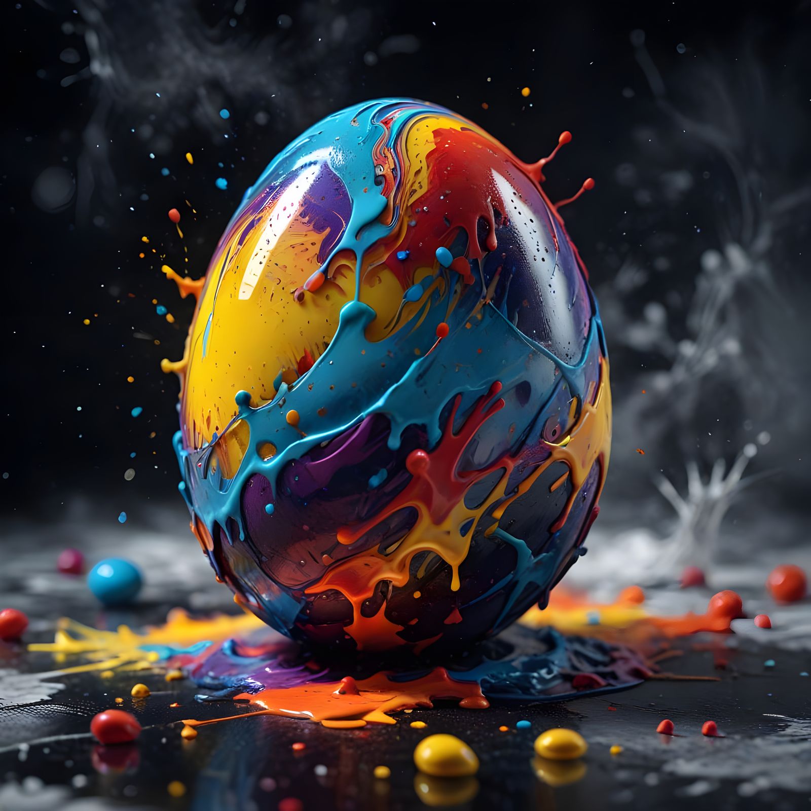 An egg covered in swirling paint, splatters, or marbled effects, HDR, 8k