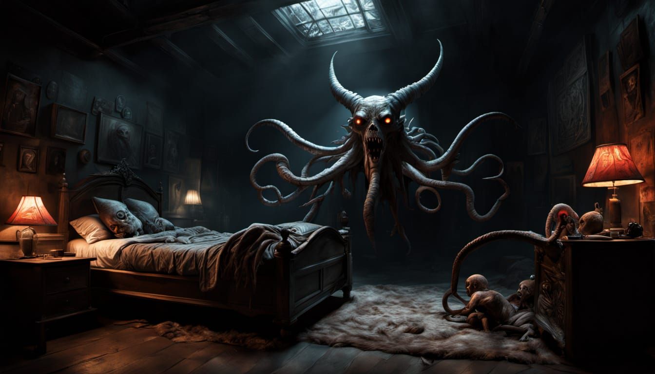 Sinister monsters lurking beneath a child's bed, varied shapes and ...