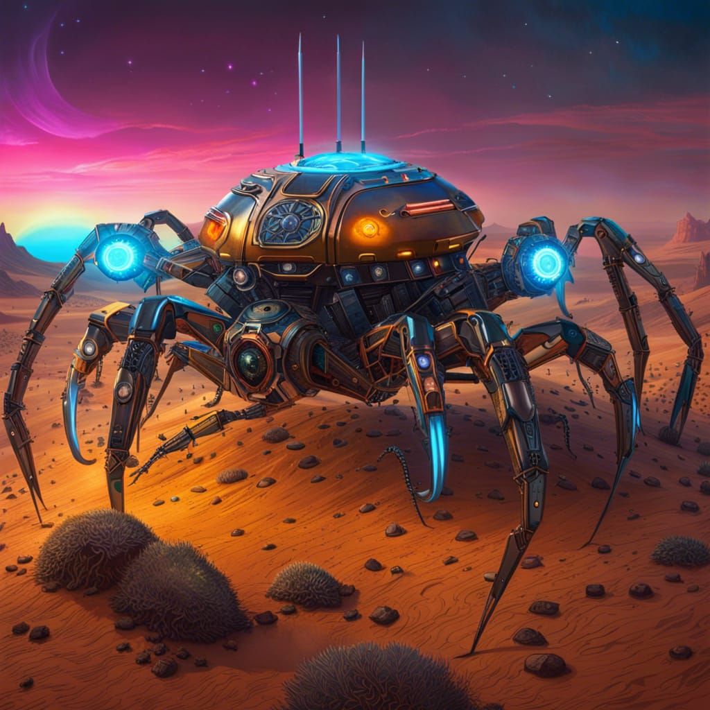 Colossal military robotic spider crawling through a strange alien ...