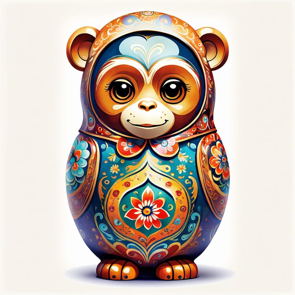 Stylized Khokhloma Matryoshka Monkey Doll Watercol... - AI Art