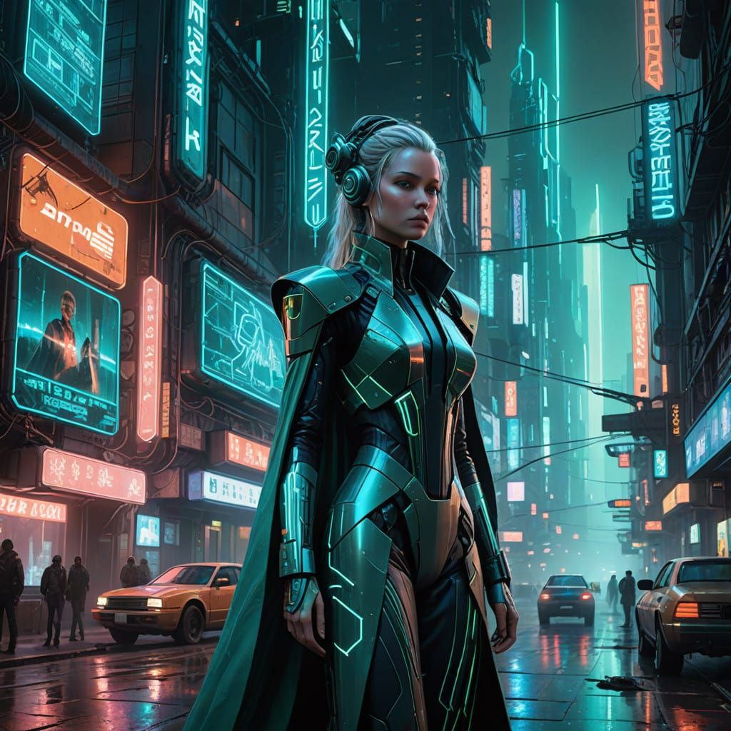 A robotic hero in a cyberpunk city