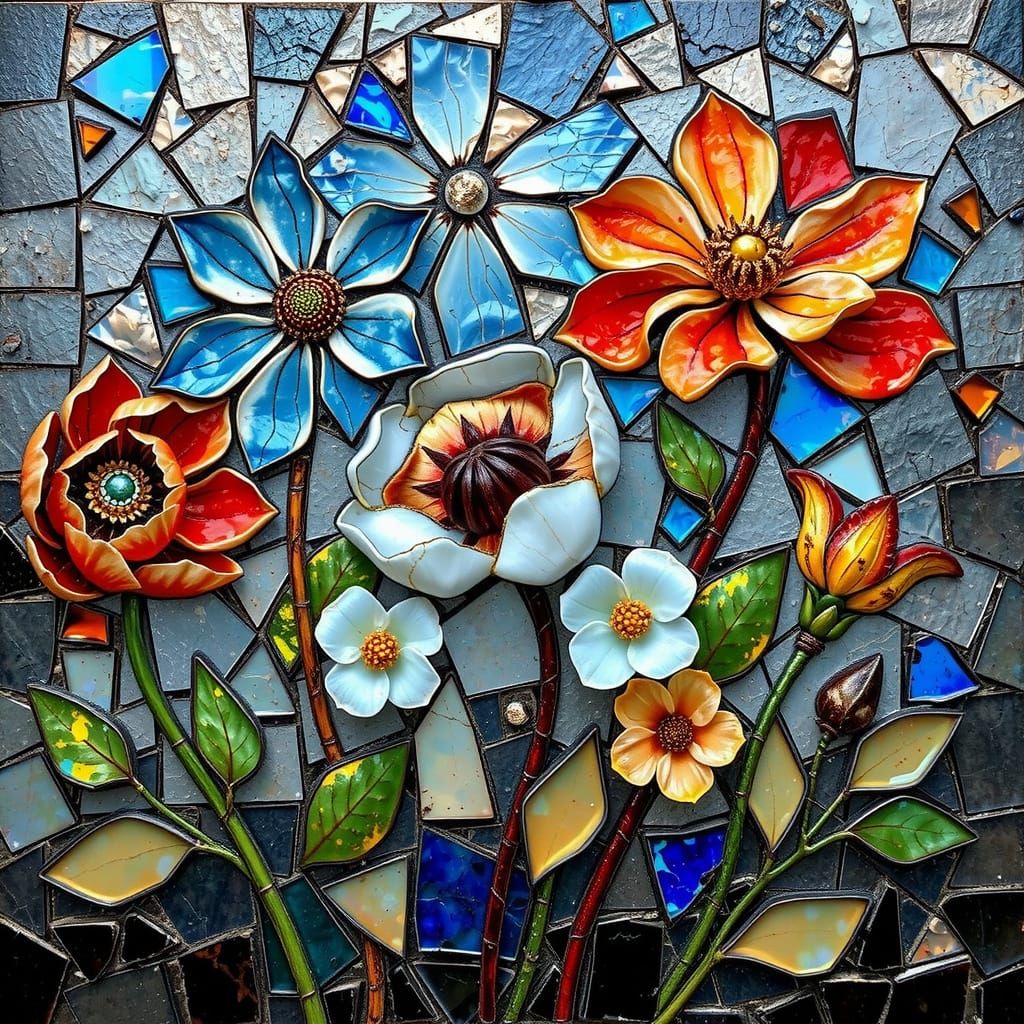 Surreal Kintsugi Mosaic of Flowers in Vibrant, Tex... - AI Art