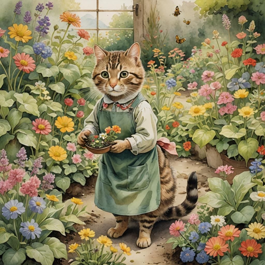 Art by Beatrix Potter, whimsical scene, cat gardening, wearing a small ...