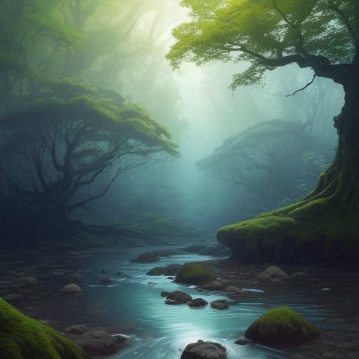 Ancient Tree Towering over a Serene River in a Hyp... - AI Art