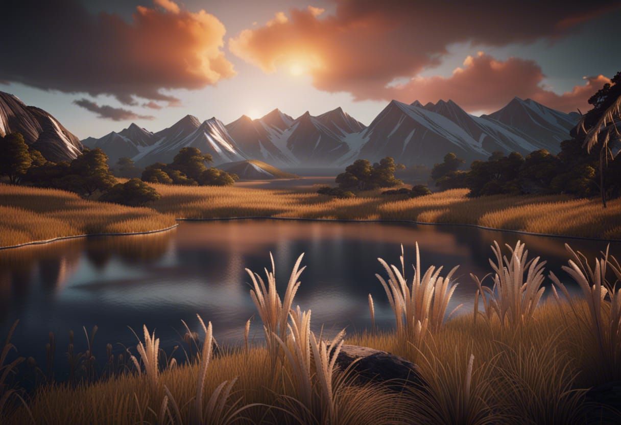 mountains, lakes, long grass, beautiful sunset, 8k matte finish, unreal ...