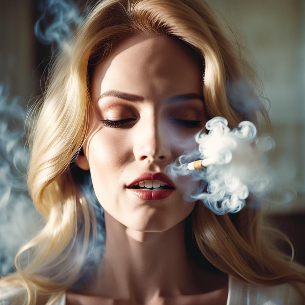 Smiling Woman Exhaling Cigarette Smoke in Warm Gol... - AI Art