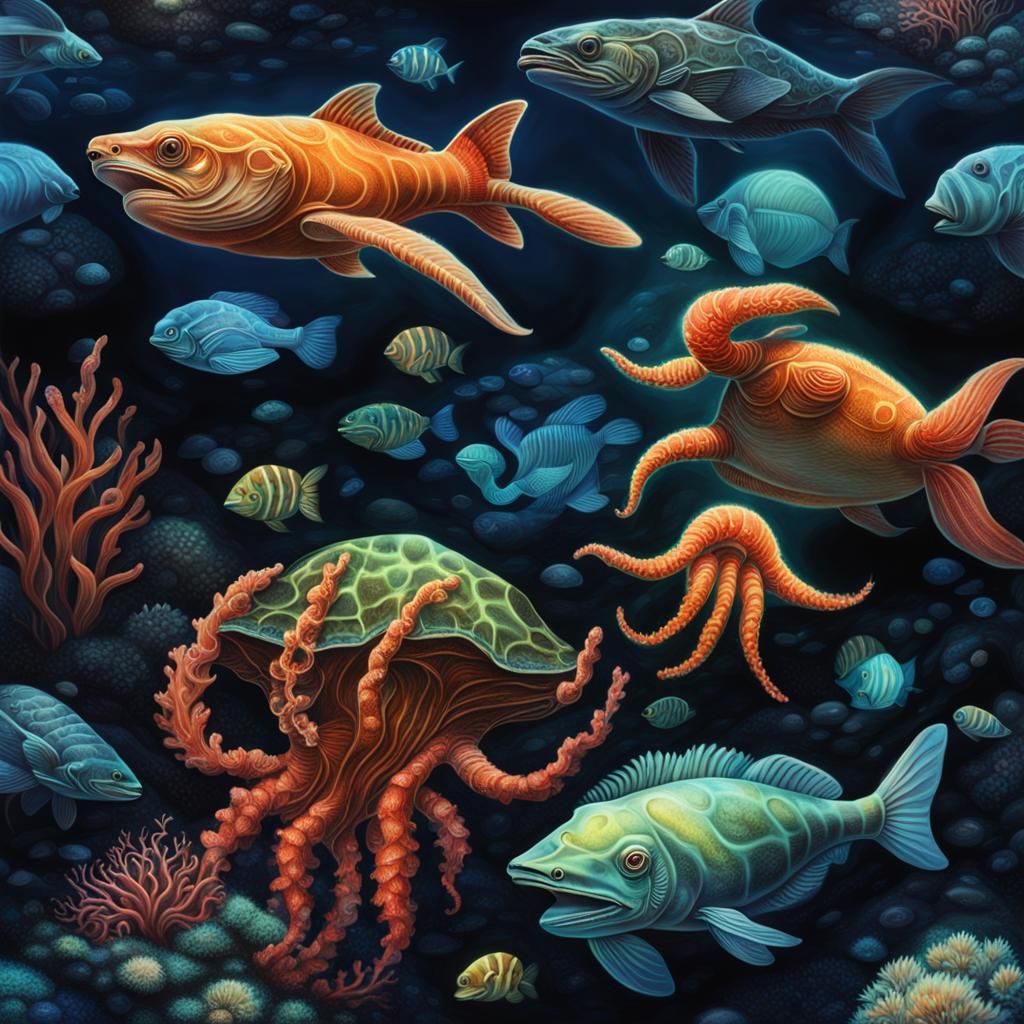 bio-luminescent glowing deep sea creatures swimming in the very dark ...