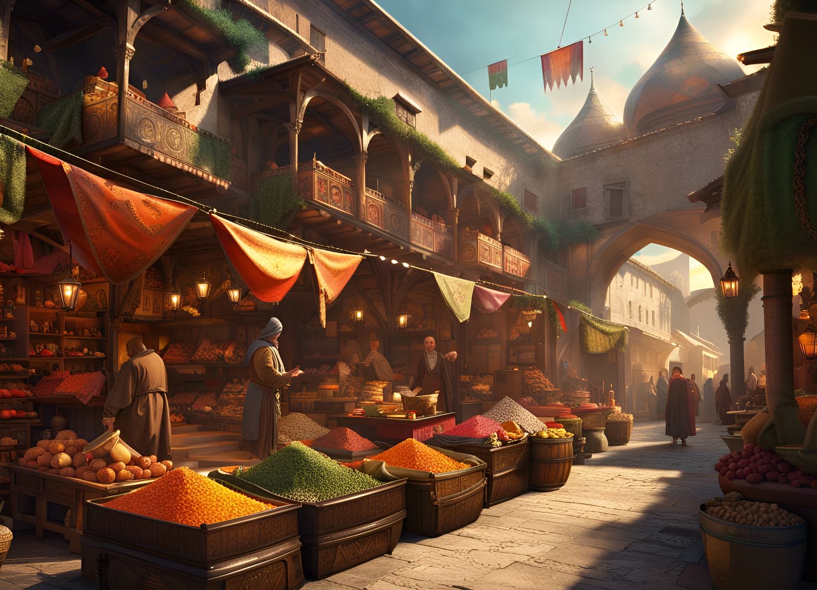 1600s open air bazaar, medieval Turkish market, bright colors ...