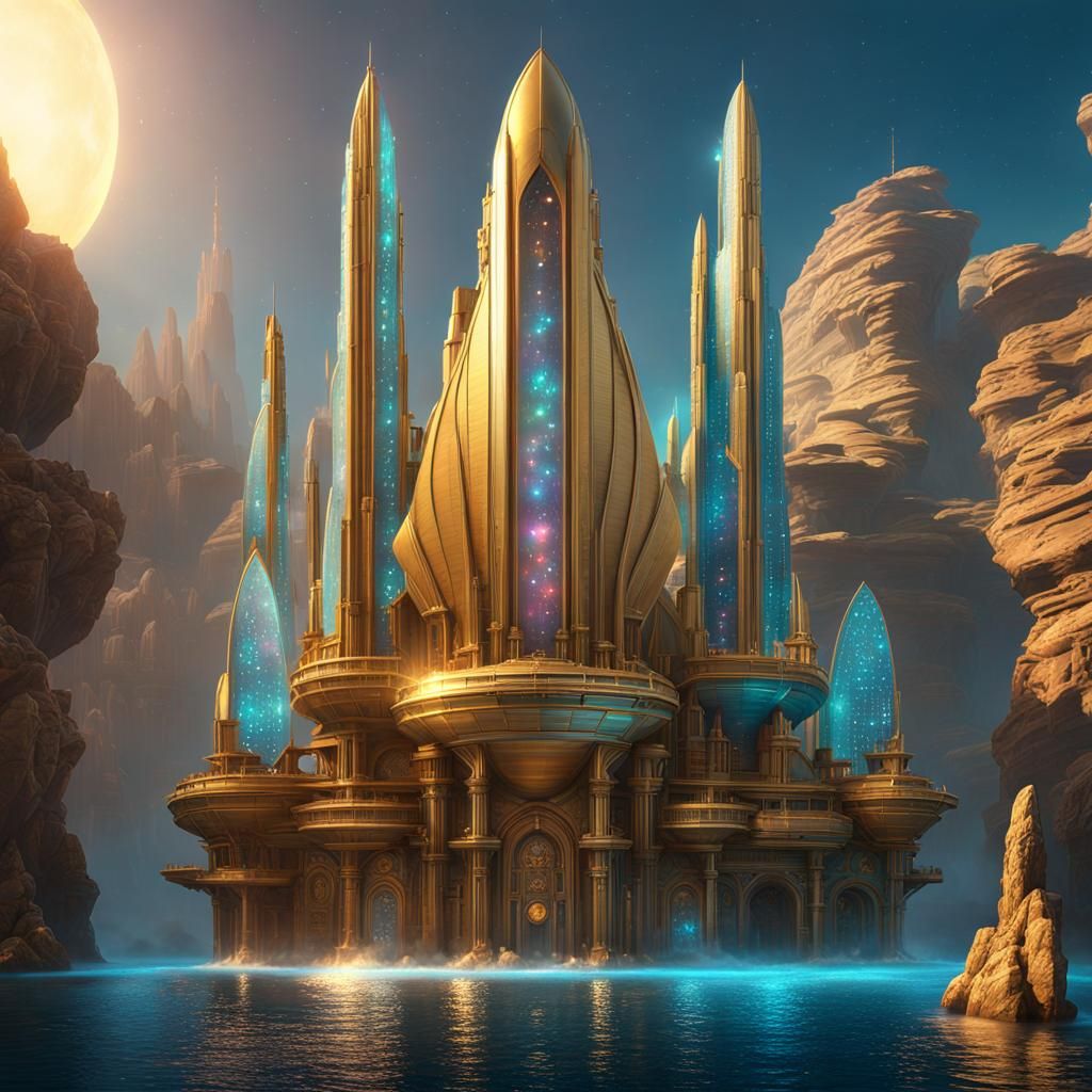 Atlantis translucent Opal Spaceships. Gold Arch Crystal Towers Granite ...