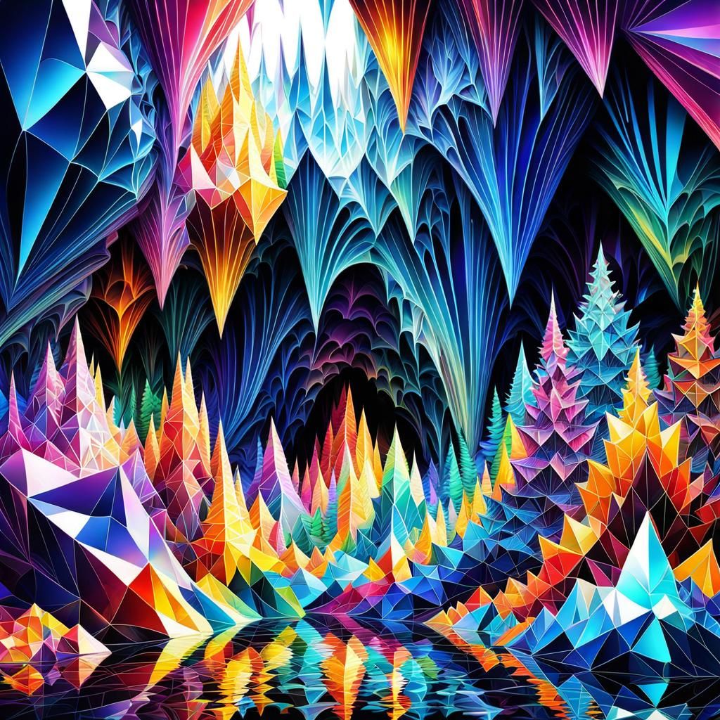 "sharp Crystal filled cave, large colorful crystals, refraction ...