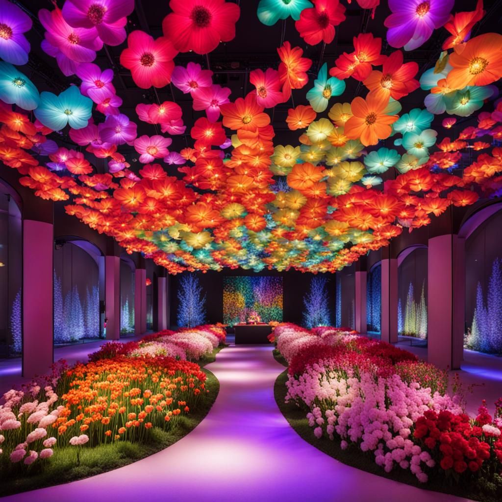 Immersive experience of light and flowers, representing the four ...