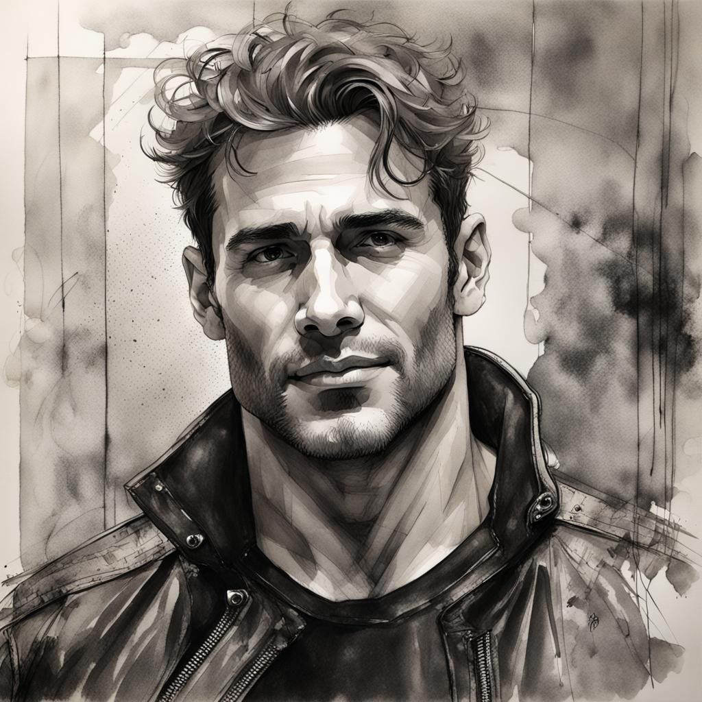 portrait, centered composition fineliner pen and ink wash sketch of ...