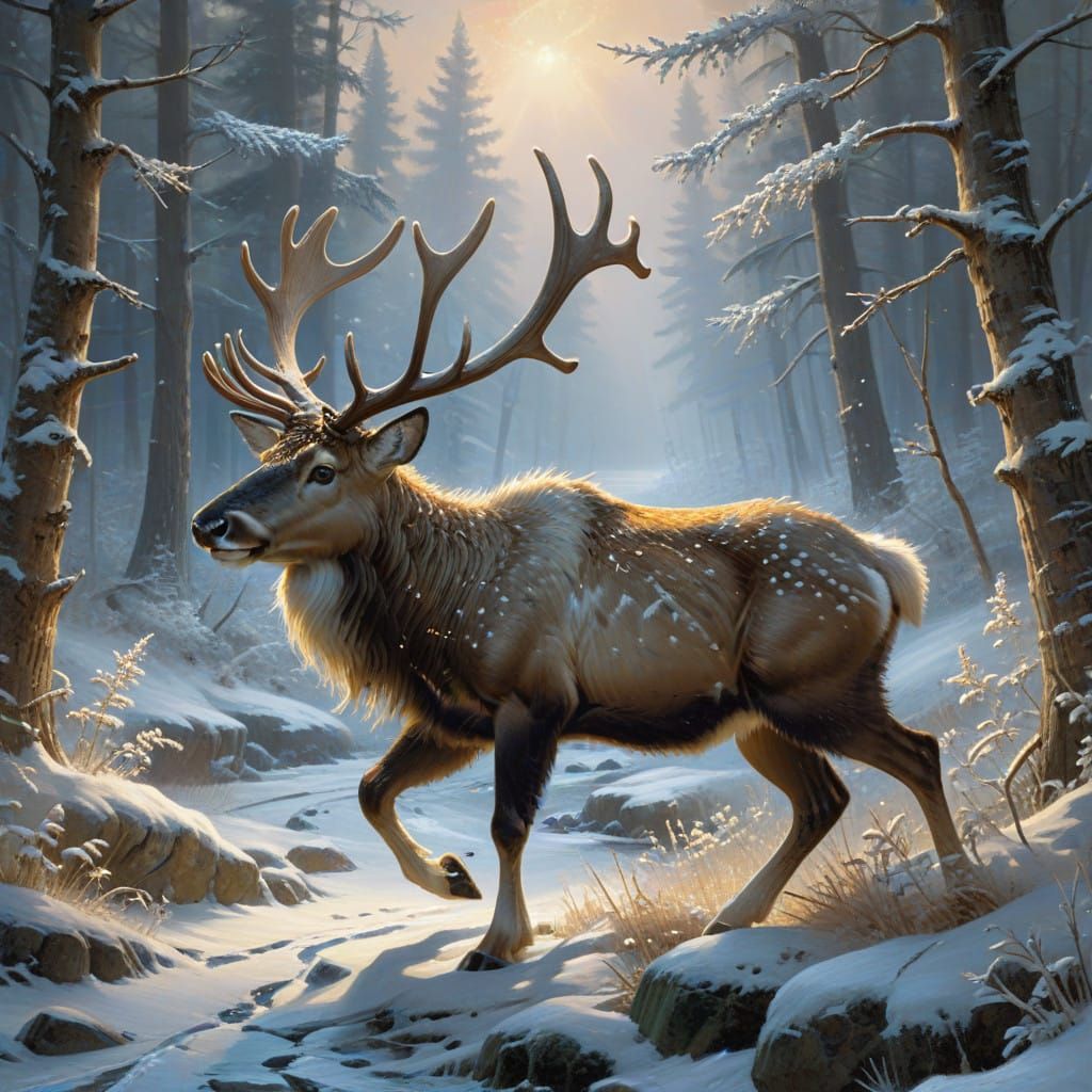 Stylized Winter Reindeer in Radiant Forest Scene - AI Art