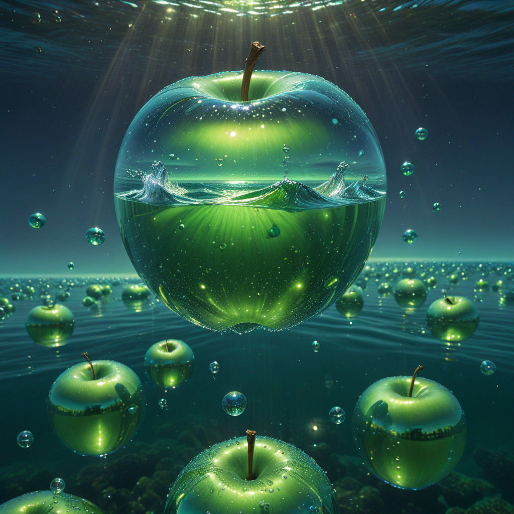 Green Apples - Surreal Green Apple Orbs Over Shimmering Ocea...