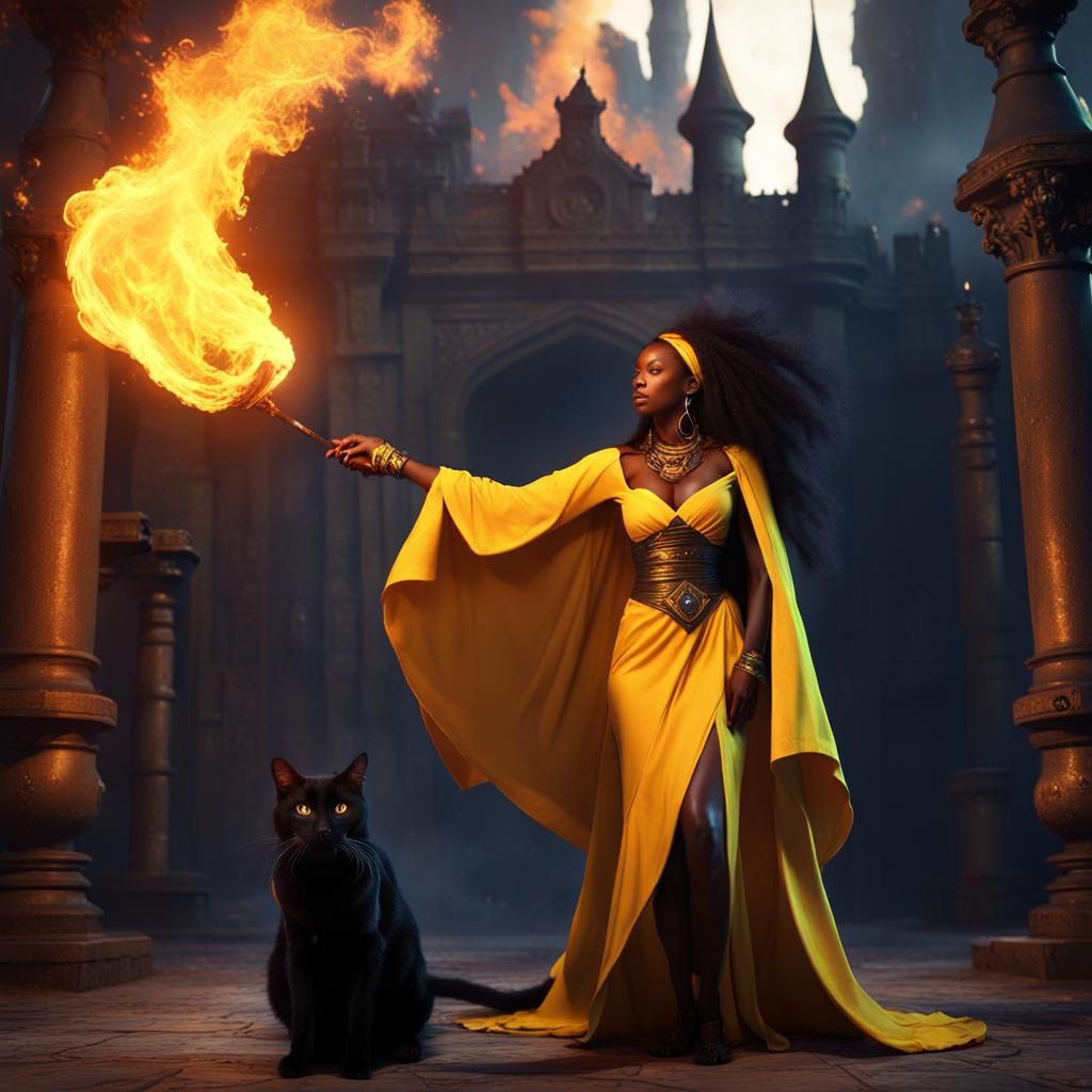 A beautiful African goddess fire witch wearing a bright yellow cloak ...