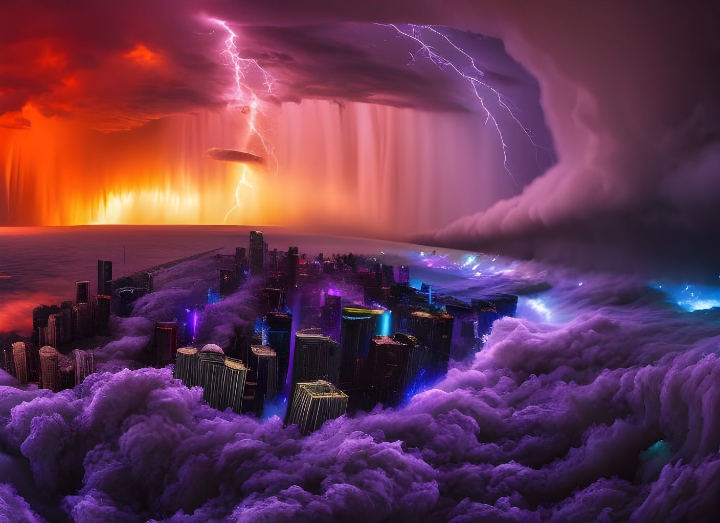 Epic huge rainbow storm over galaxy glowing postapocalyptic cyber city ...