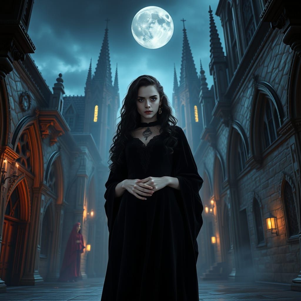 Vampire Princess in Moonlit Castle Courtyard - AI Art