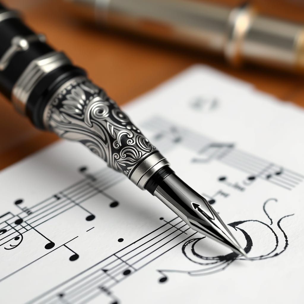 ink art in black and white pen writing musical notes