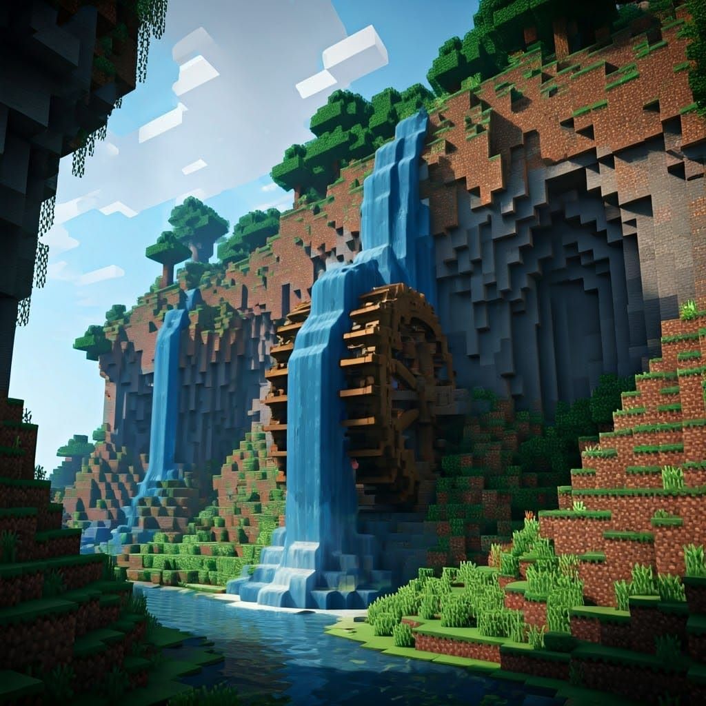 Majestic Waterfalls Power a Waterwheel in Minecraft