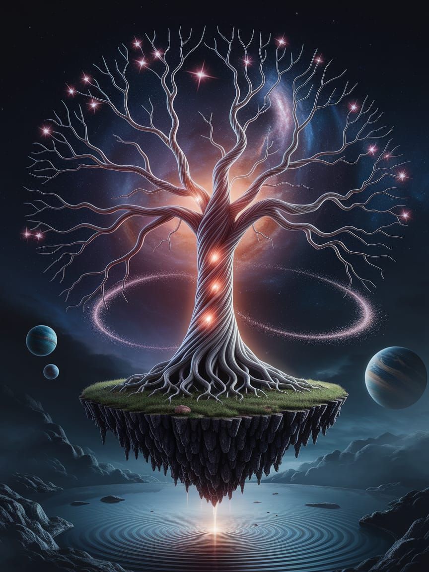 A magnificent, otherworldly tree rising from a floating island ...