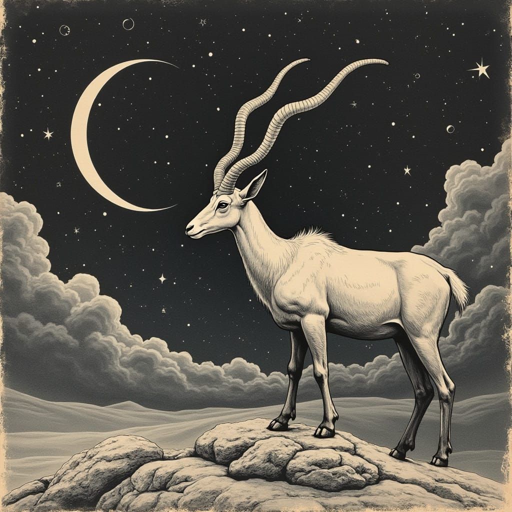 Antelope by Crescent Moon - Celestial Ibex Under Starry Nigh...