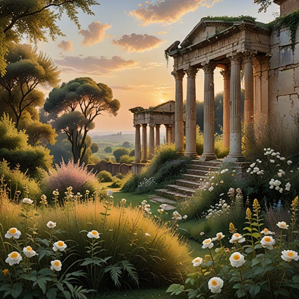 An ancient Roman ruin, surrounded by wild shrubs and flowers, enclosed ...