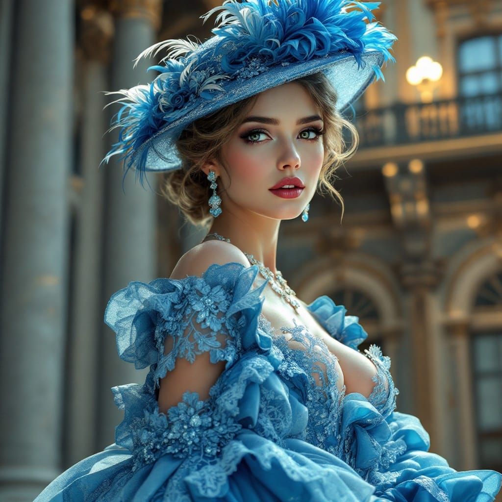 Elegant Lady in Blue Gown: Opulent Portrait of a B... - AI Art