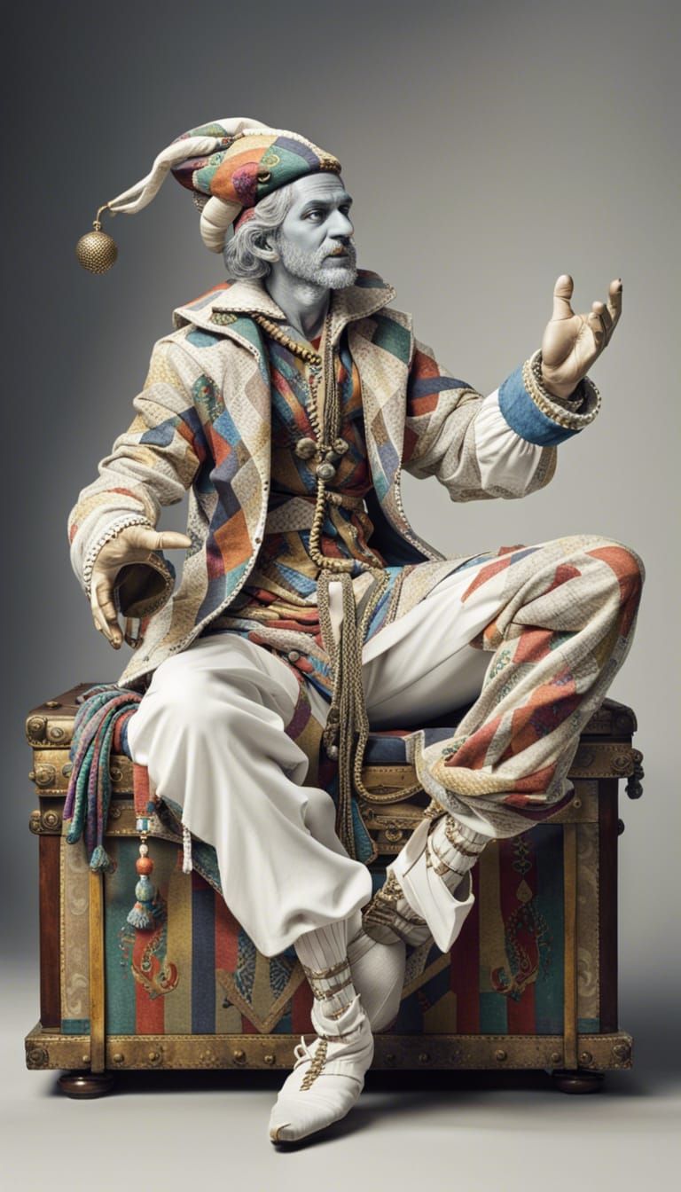 A full-length figure of a modern jester sat on a treasure box with his ...