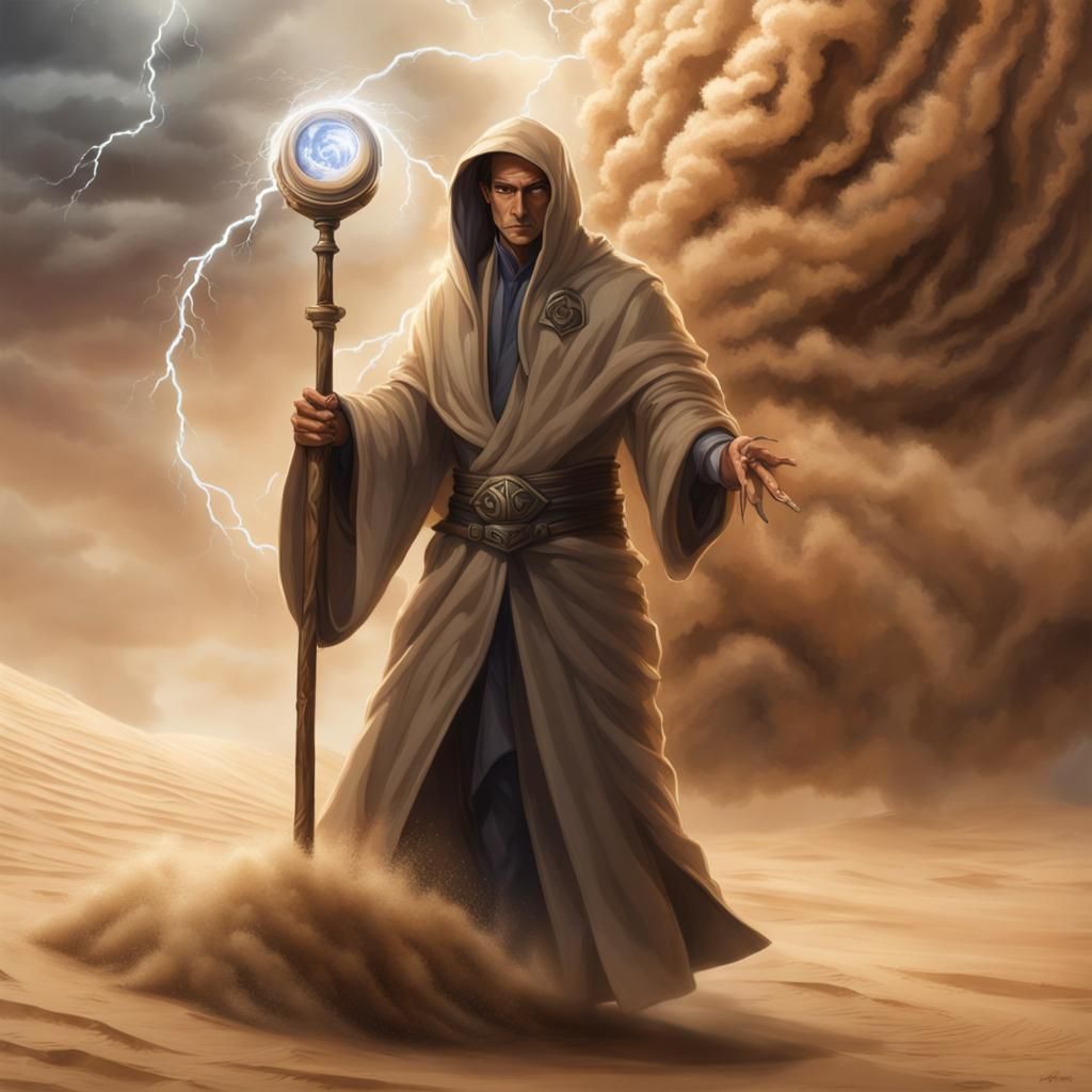 sand mage creating a time transit portal with sand storm surrounding ...