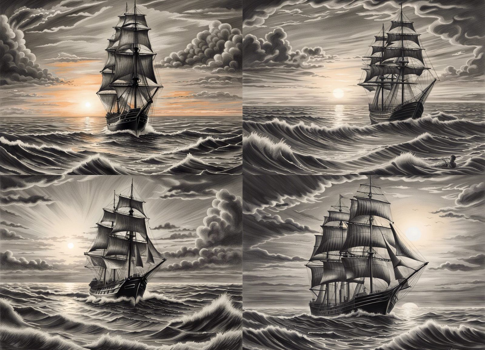 A black and white drawing of the ocean and watching a glorious sunset ...