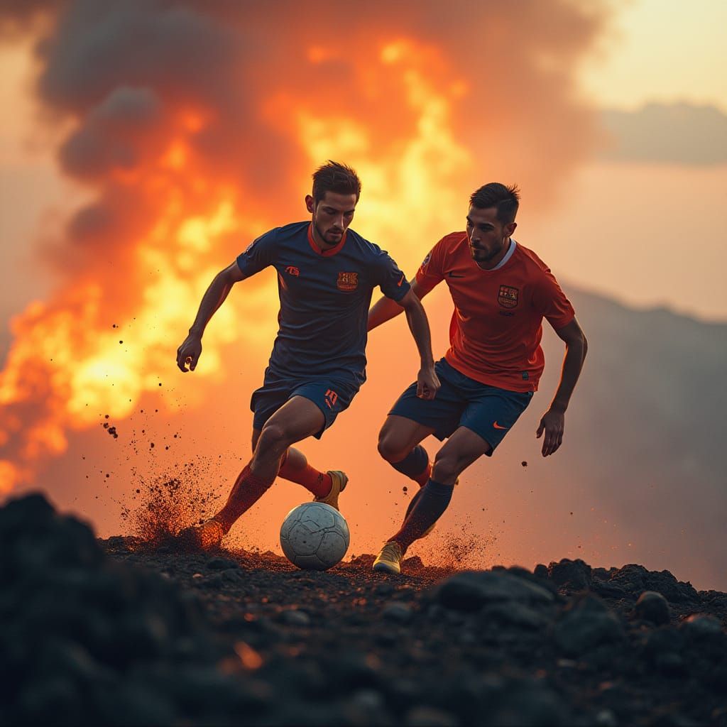 Hyperrealistic Volcano Soccer Scene in Vibrant Col... - AI Art
