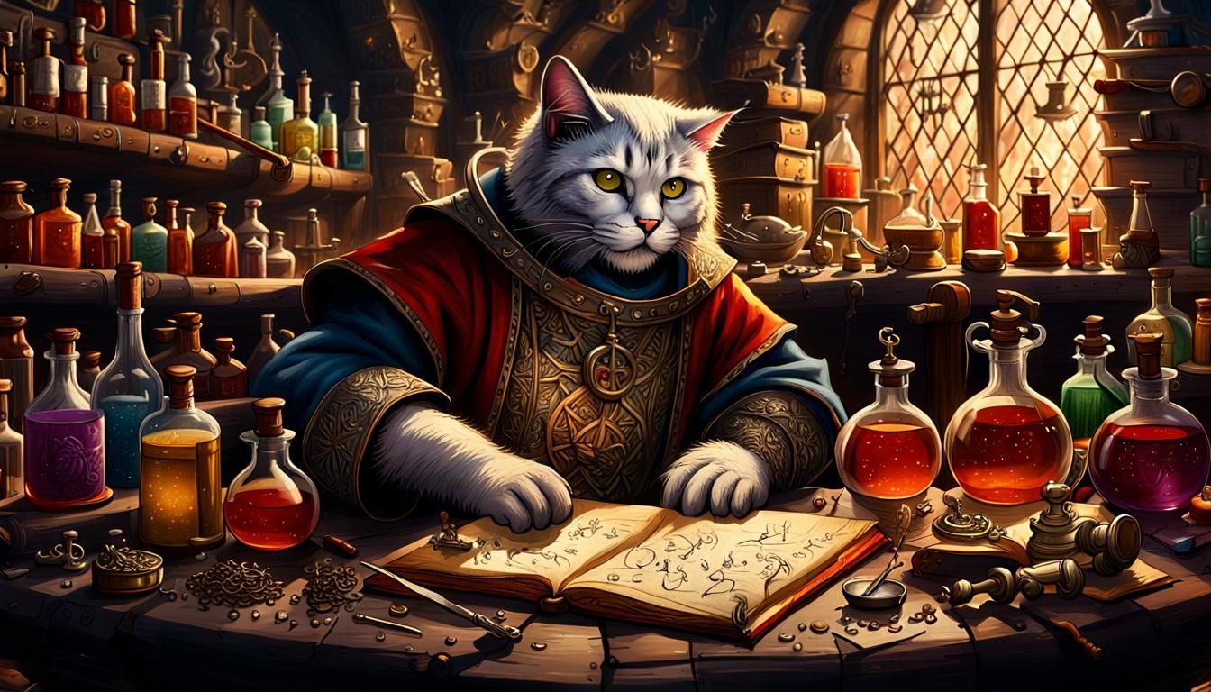 alchemist studying his notes to finetune his latest experiment; he ...