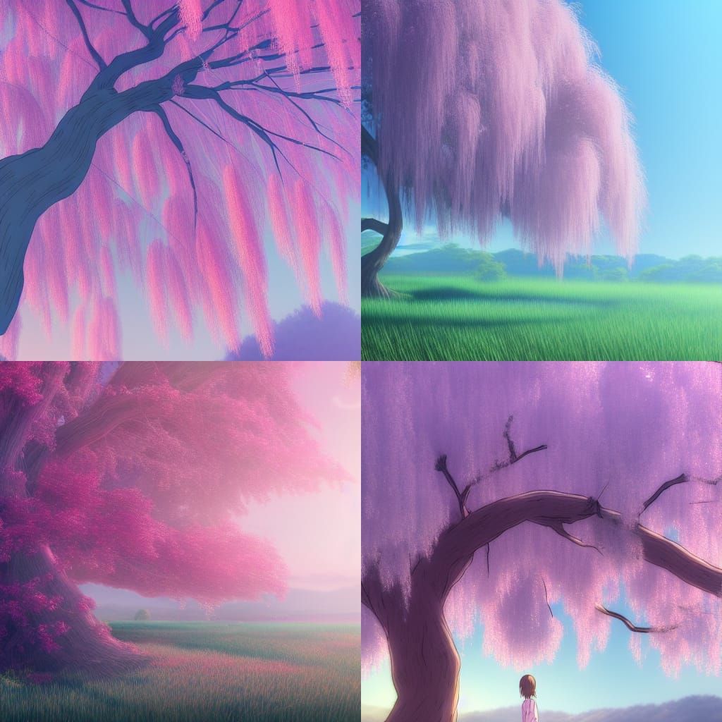 a pink and blue willow tree that looks like its from a dream in anime ...