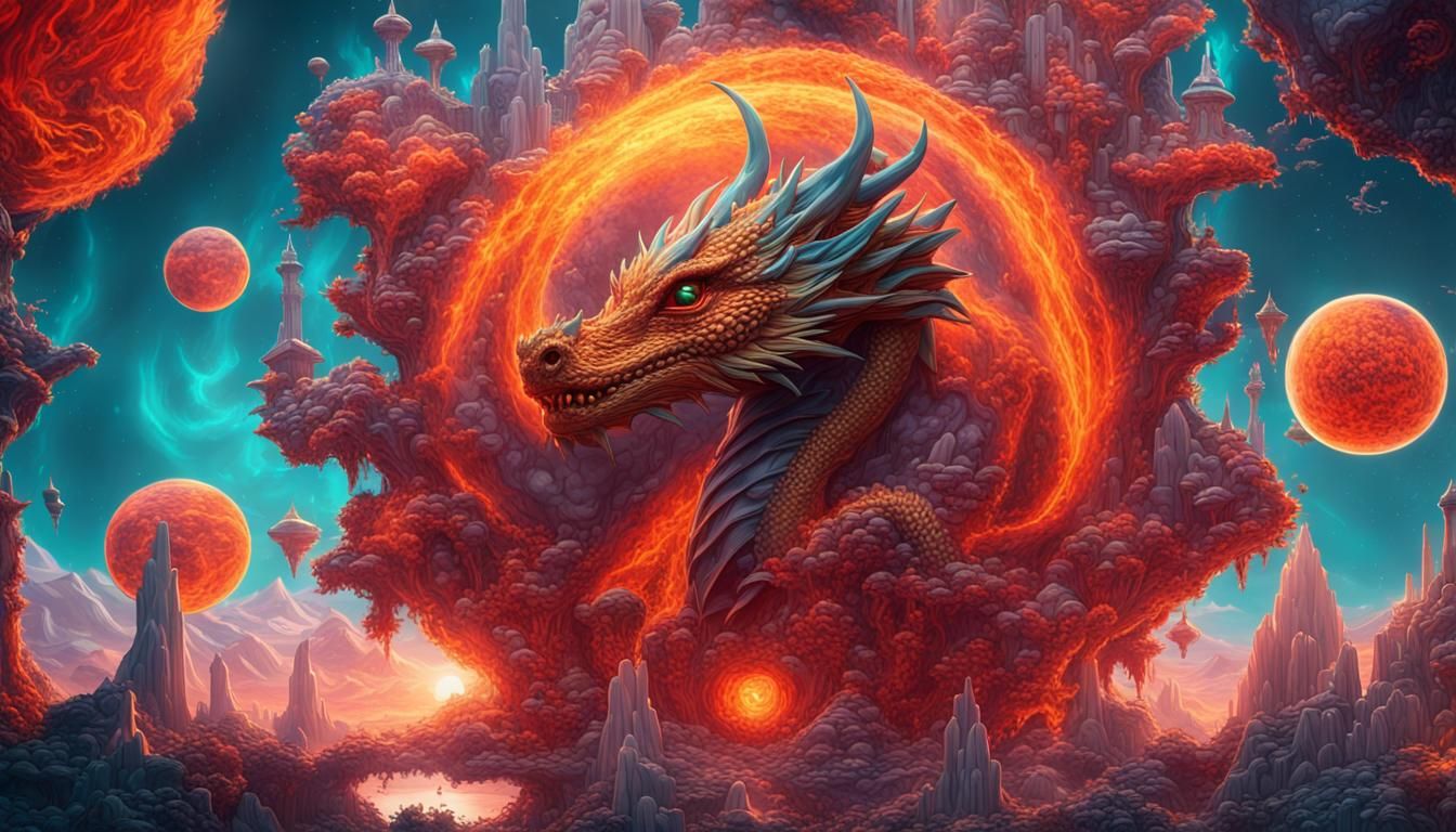 Stunning atomic world with a dragon 🤩🌌🪬🔮🤖🛸🚀🦾🐉🌄⚡; hyperdetailed ...