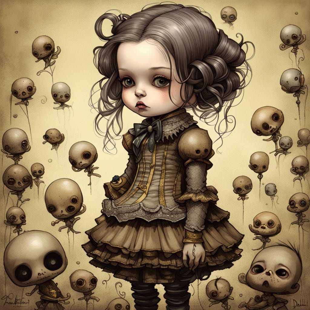 A chibi chibi girl baby in line art brüt style by Santiago Caruso ...