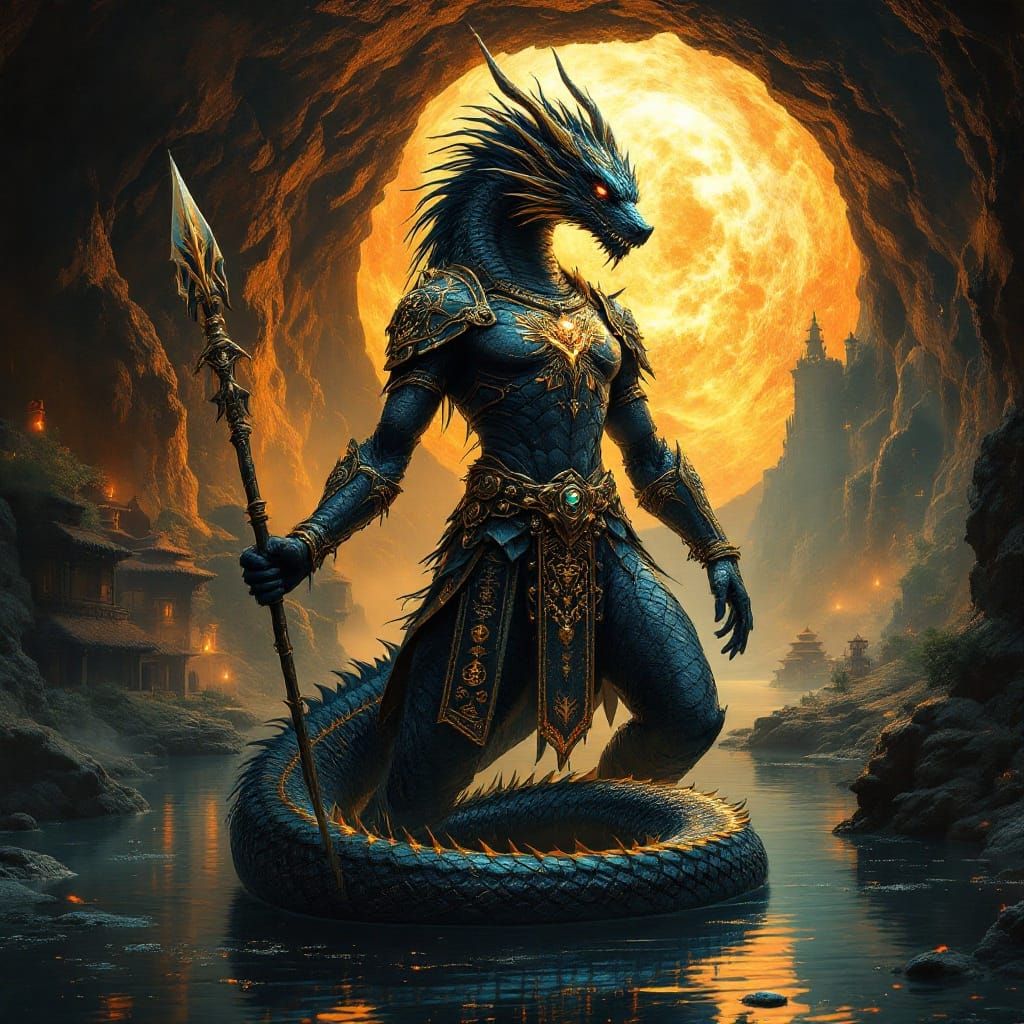 Mystical Naga Guardian in Ancient Armor - AI Art