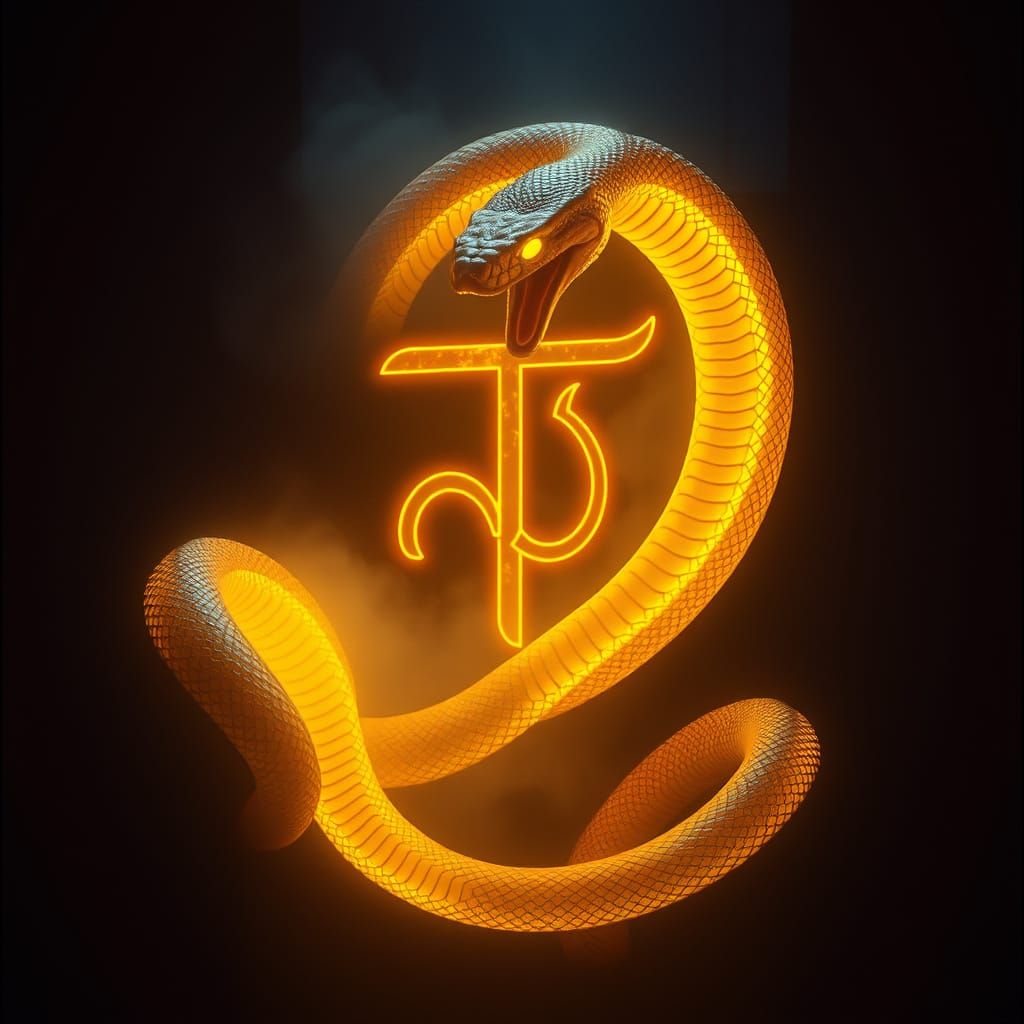 Ethereal Neon Serpent Wraps Ancient Symbol Sign in... - AI Art