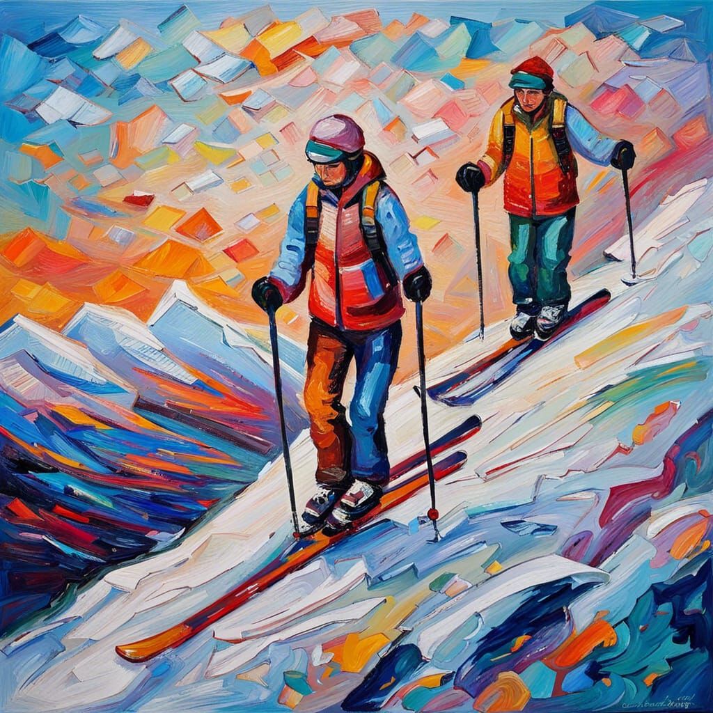 Skiing on Top of The mountain with two poles, short skis neo ...