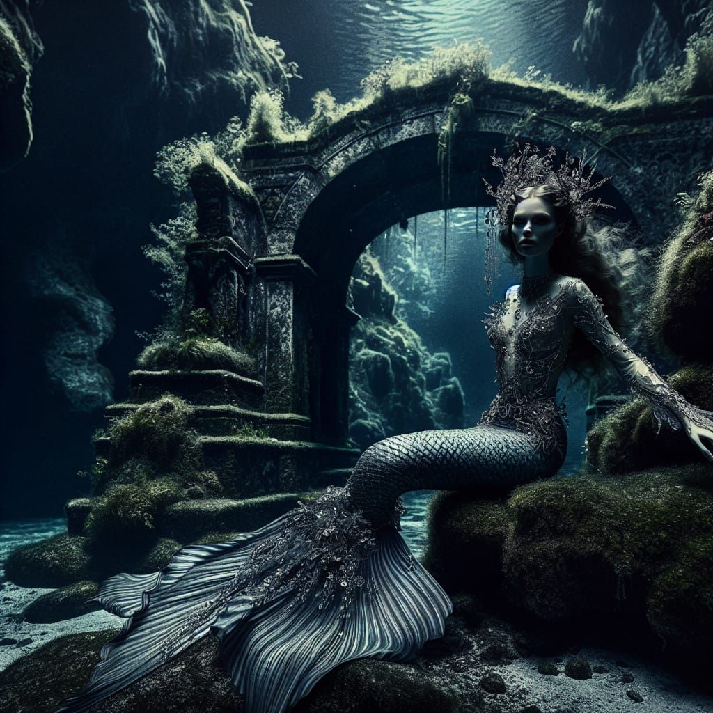 Gothic mermaid swims under a stone bridge covered in moss in a deep ...