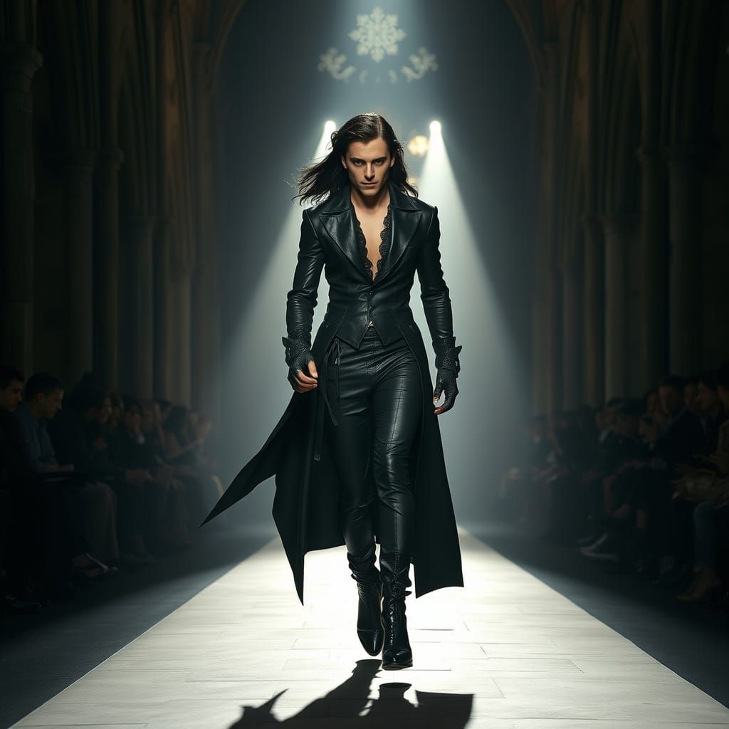handsome vampire model strides confidently down a runway in a gothic ...