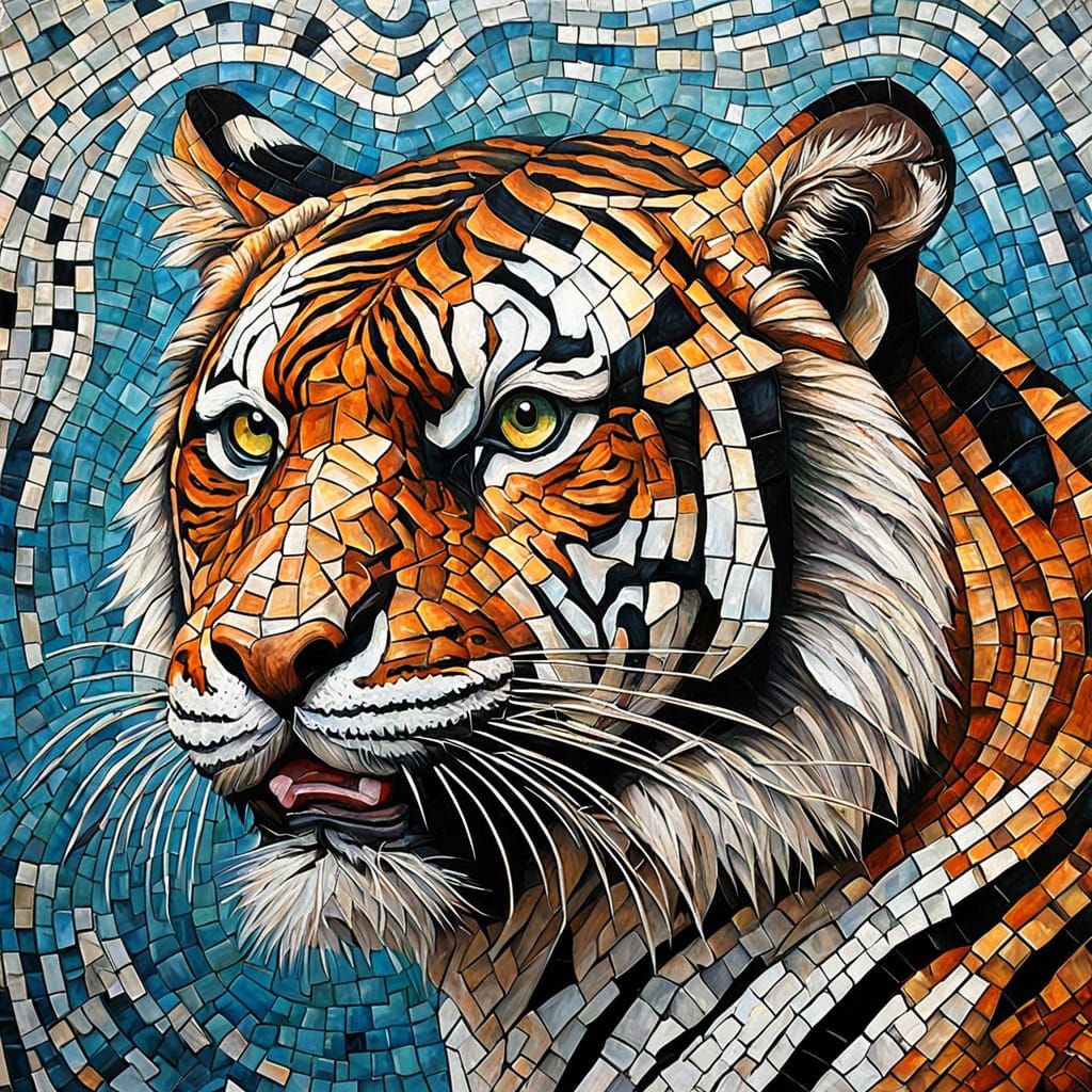 Realistic oil painting. A wall mosaic depicting a tiger. The mosaic ...