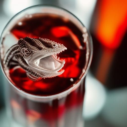 Alien lizard in a glass of Coca-Cola with ice in sharp foreground focus ...
