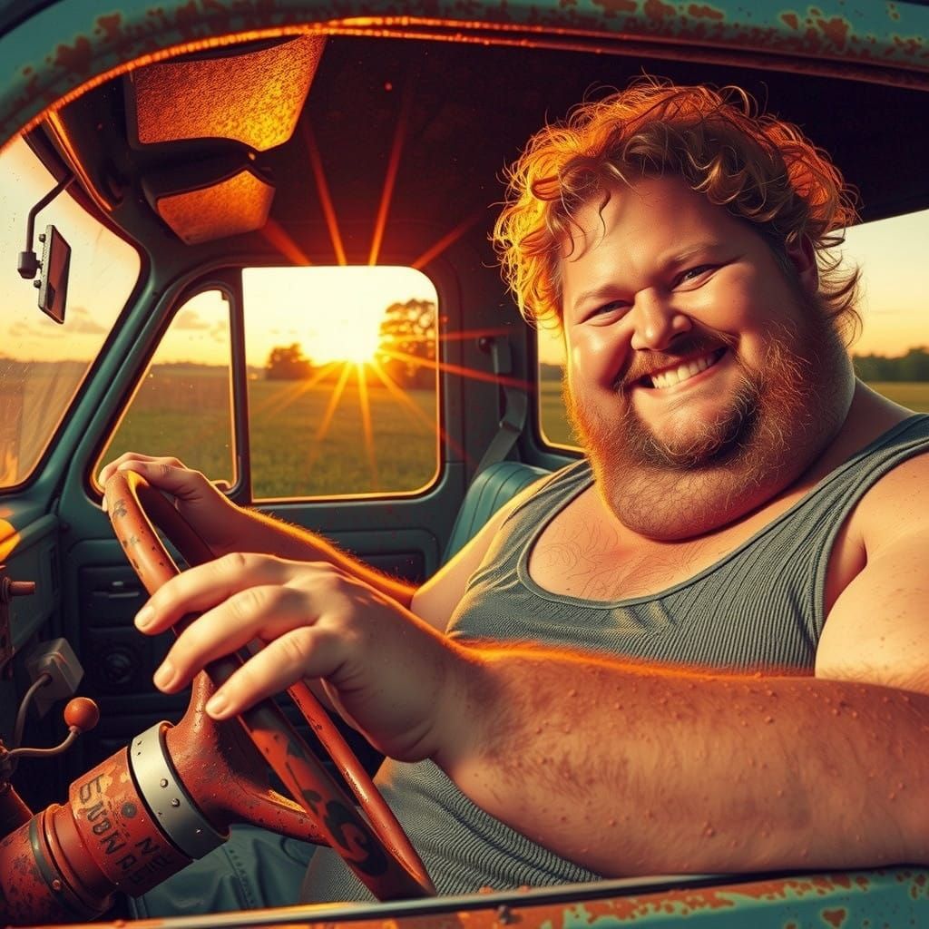 Fat nasty smiling redneck drives the old rusty truck, close-up, sunset