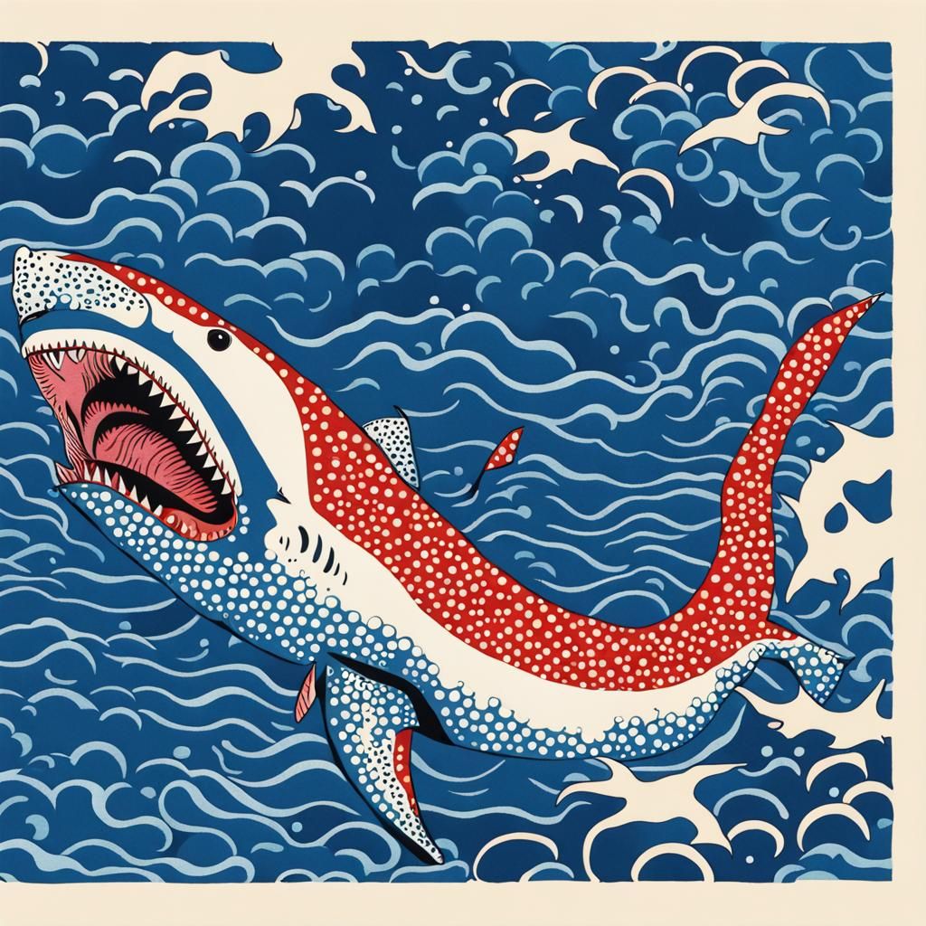 Art by Hokusai, Yayoi Kusama, striking illustration, Great White shark ...