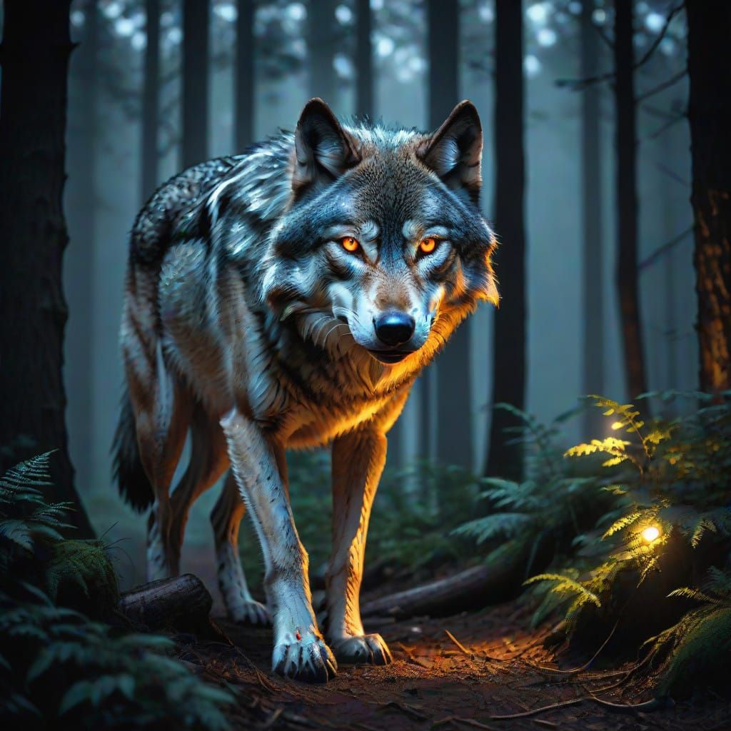 Ethereal Wolf Emerges in a Forest Nighttime - AI Art