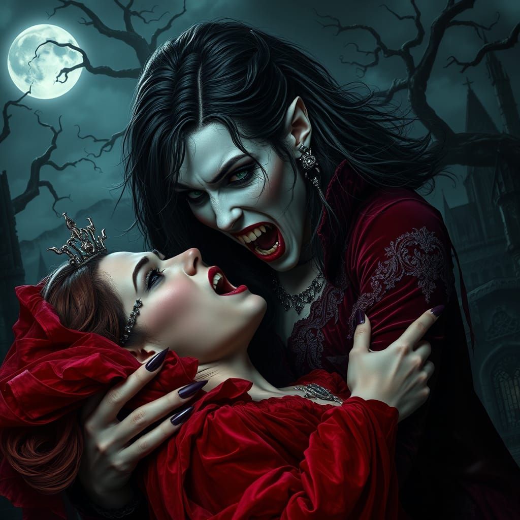 Gothic Vampire Bites Maiden in Moonlit Scene - AI Art