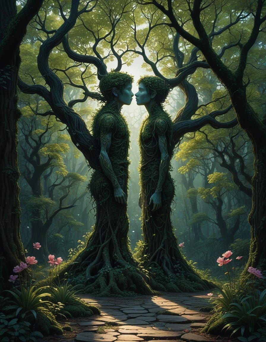 In a mystical forest, where ancient, sentinel trees whisper secrets to ...